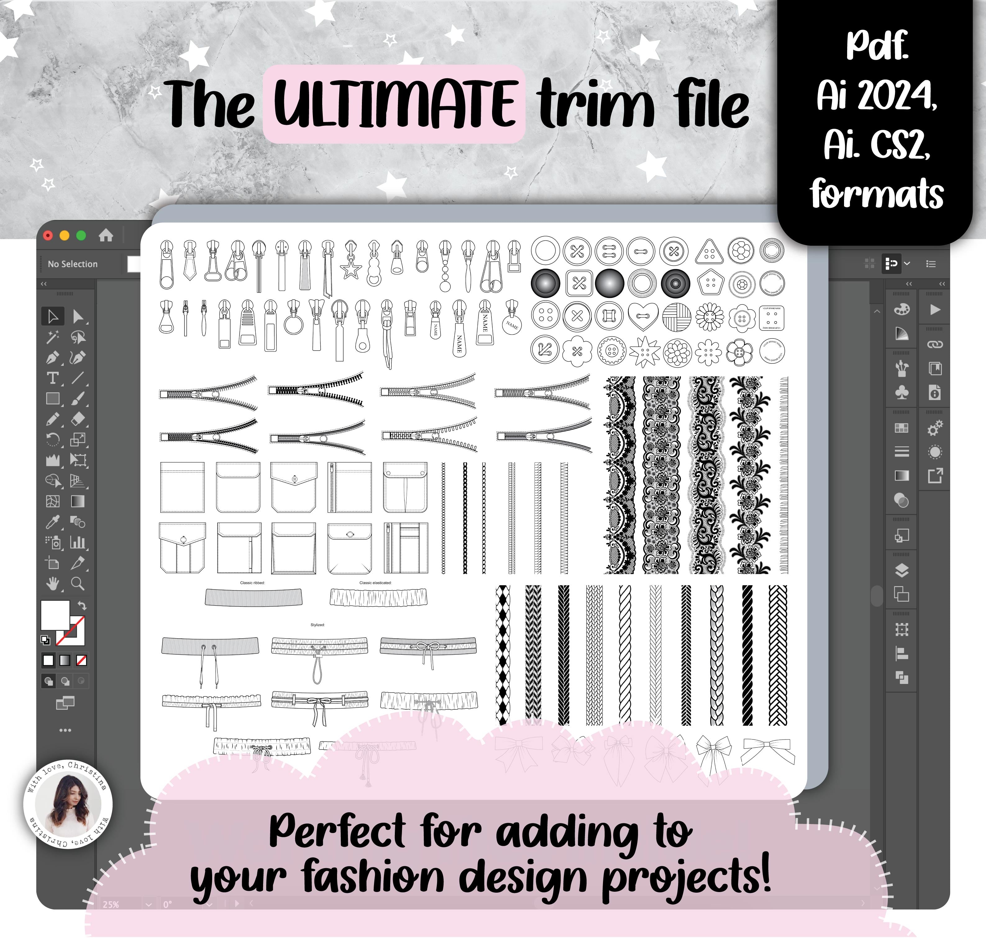 The ULTIMATE trim file for Fashion Design Projects (Editable Ai. files ...